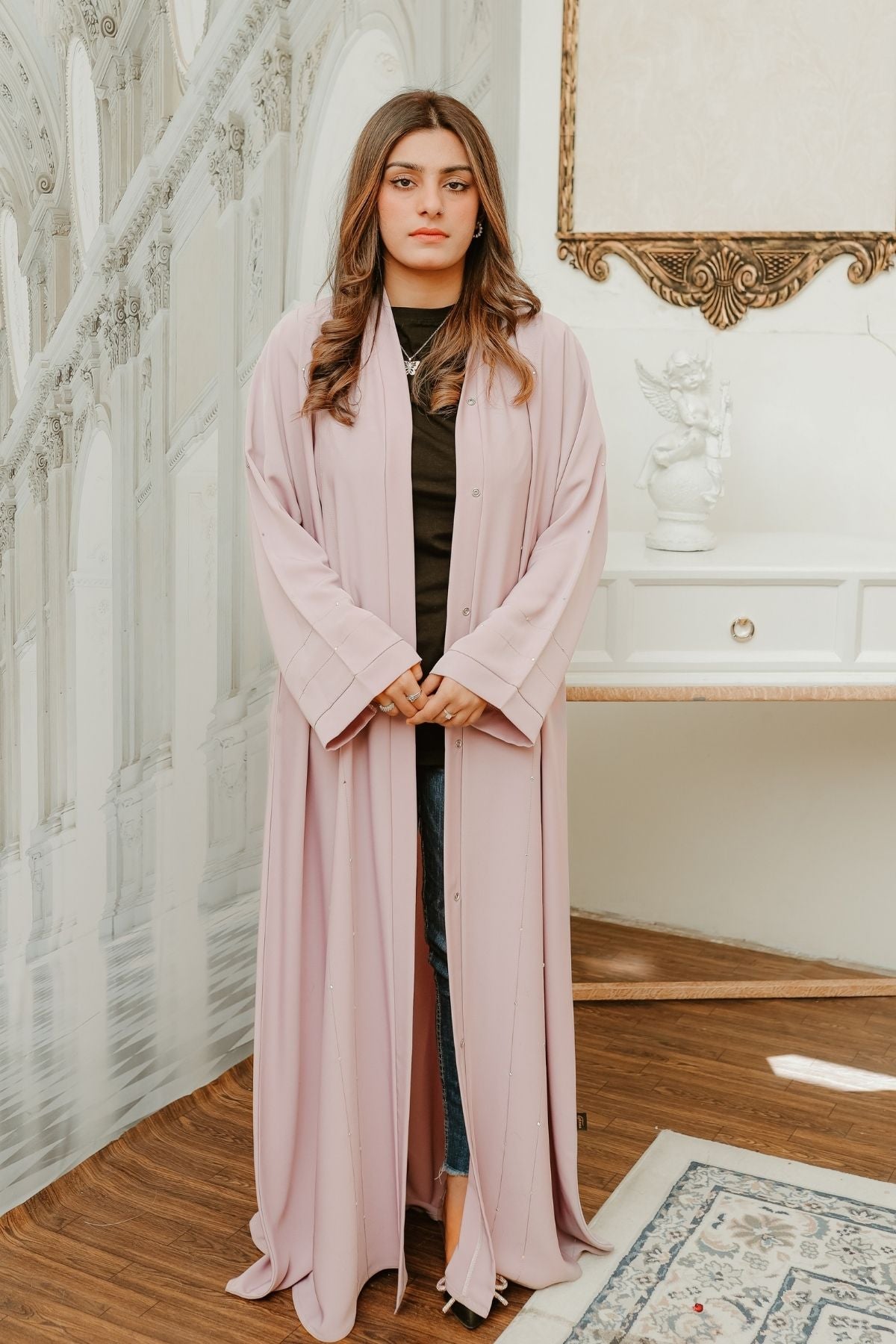 Zuhra Light Pink Abaya – Imported Dubai Fabric | Tarha